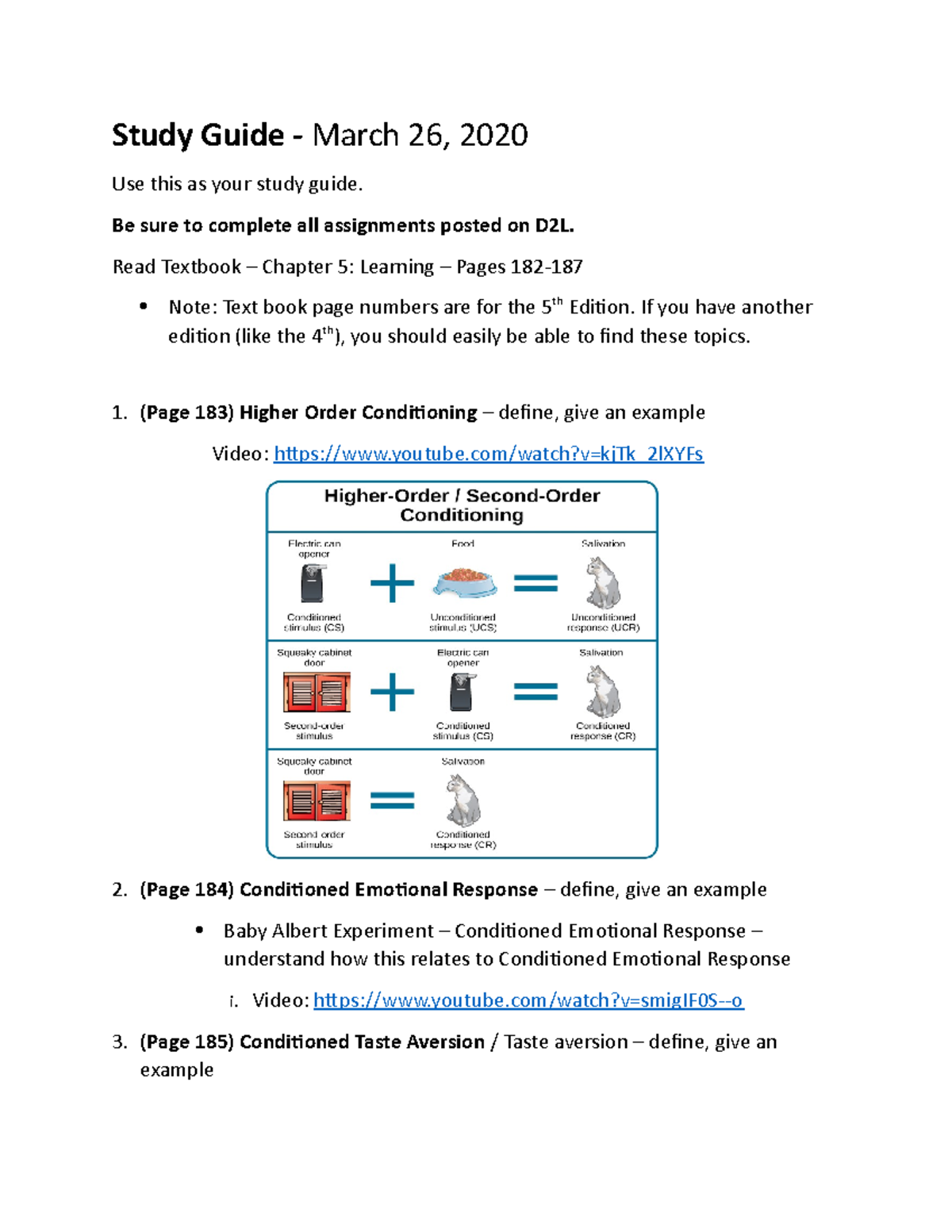 Study Guide conditioning - Study Guide - March 26, 2020 Use this as ...