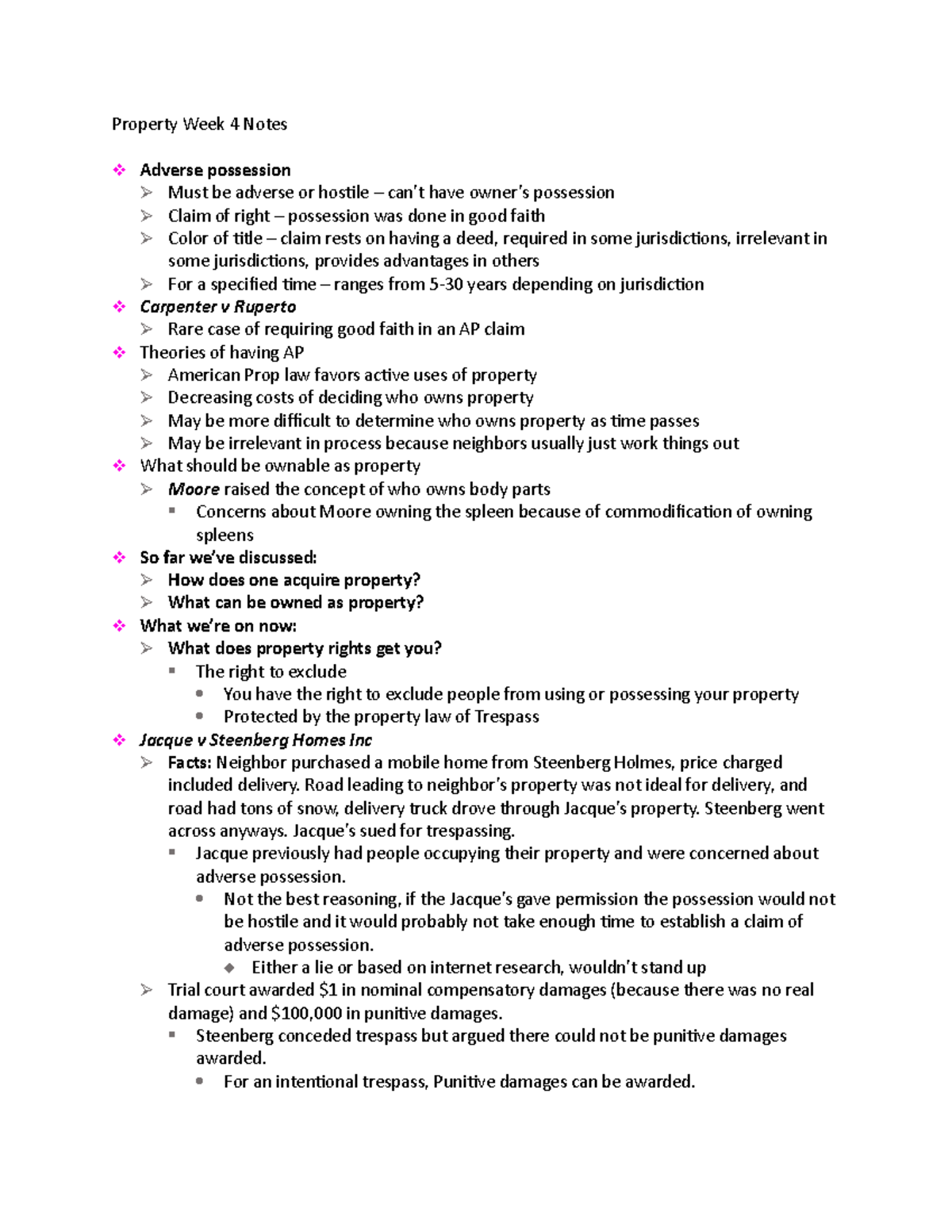 Property Week 4 Notes - Property Week 4 Notes Adverse possession Must ...