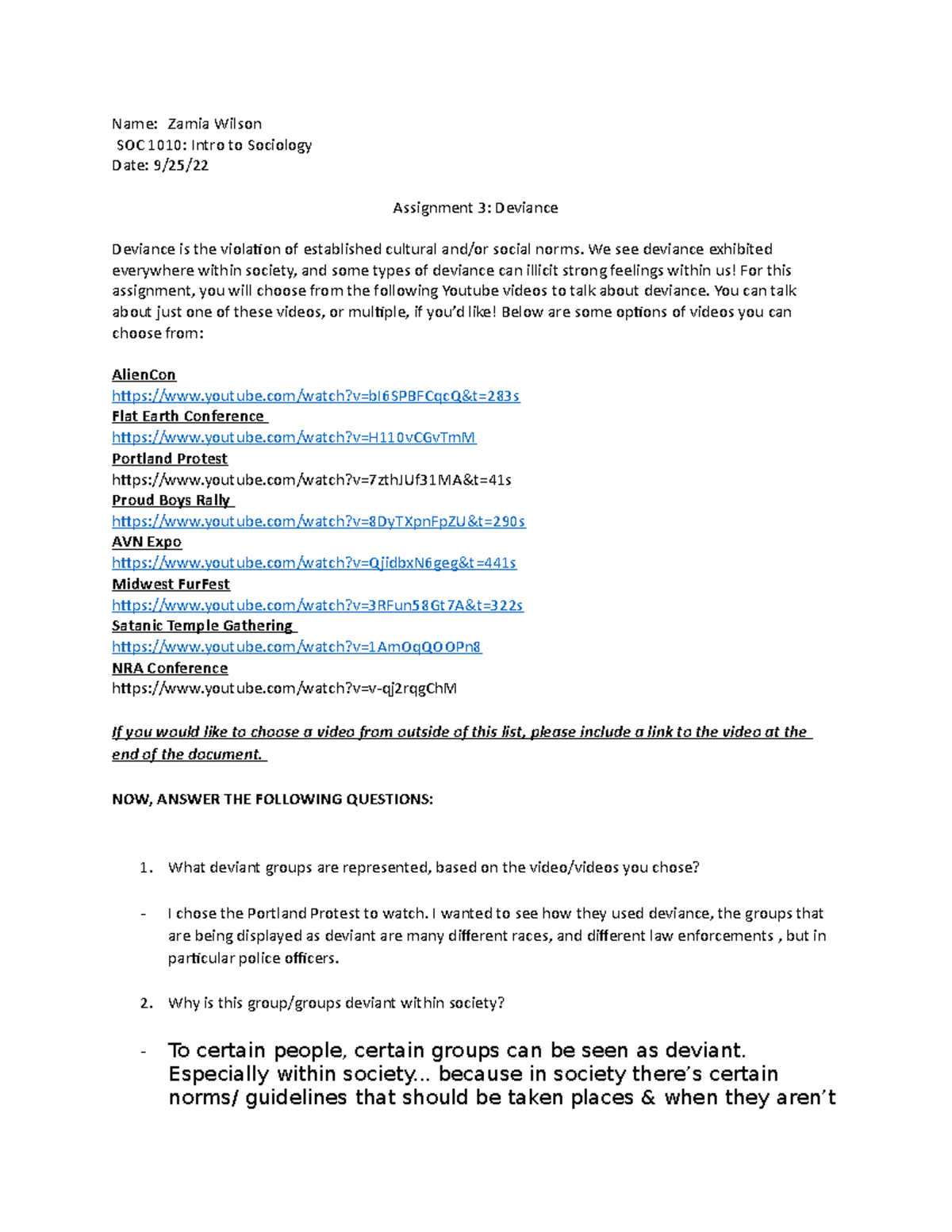 Assignment 3 Deviance Fall 2022 - Name: Zamia Wilson SOC 1010: Intro to ...
