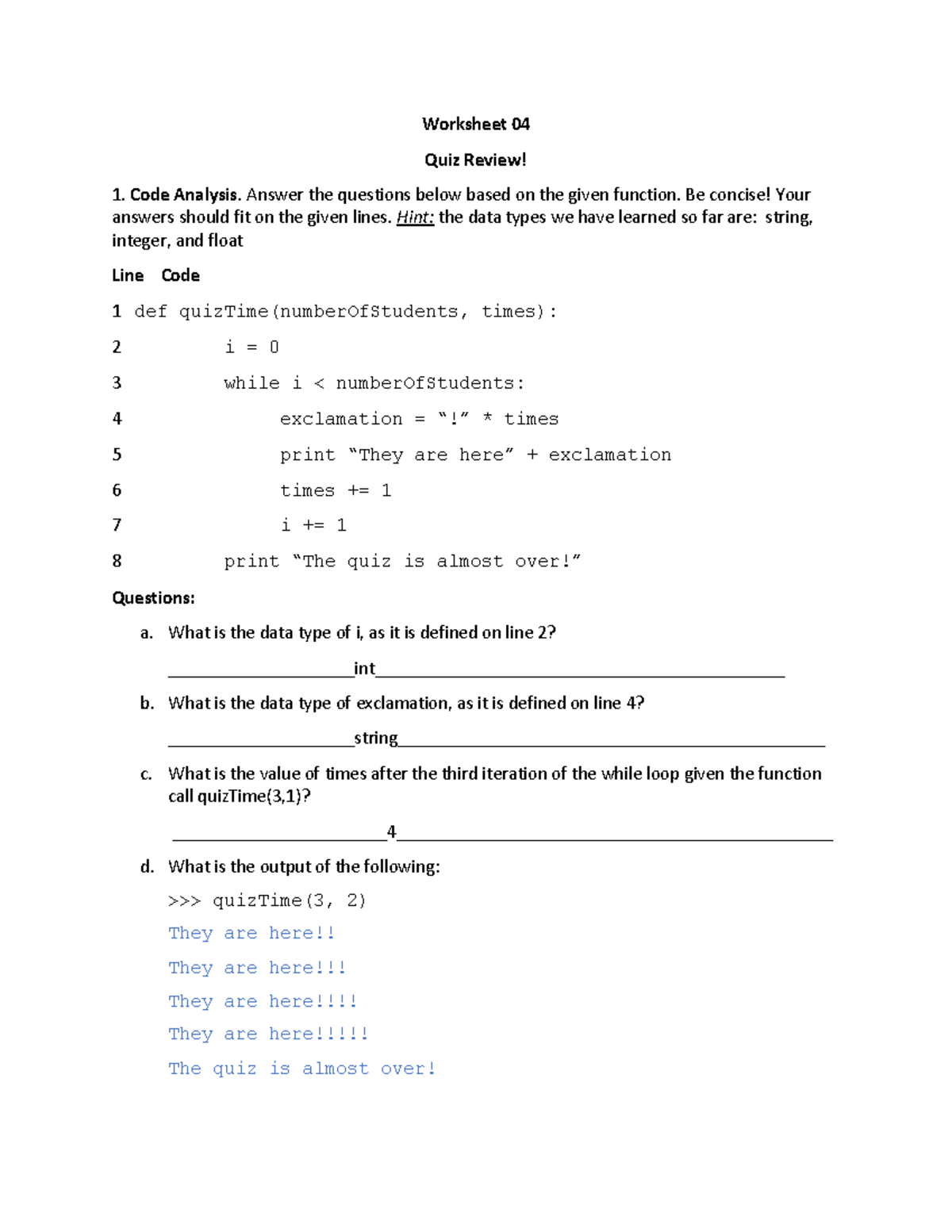 Worksheet 04 KEY - Worksheet 04 Quiz Review! Code Analysis. Answer the ...