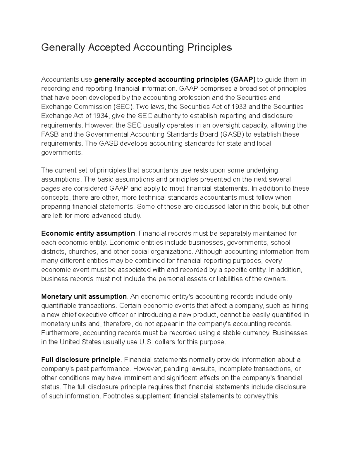 Generally Accepted Accounting Principles Generally Accepted