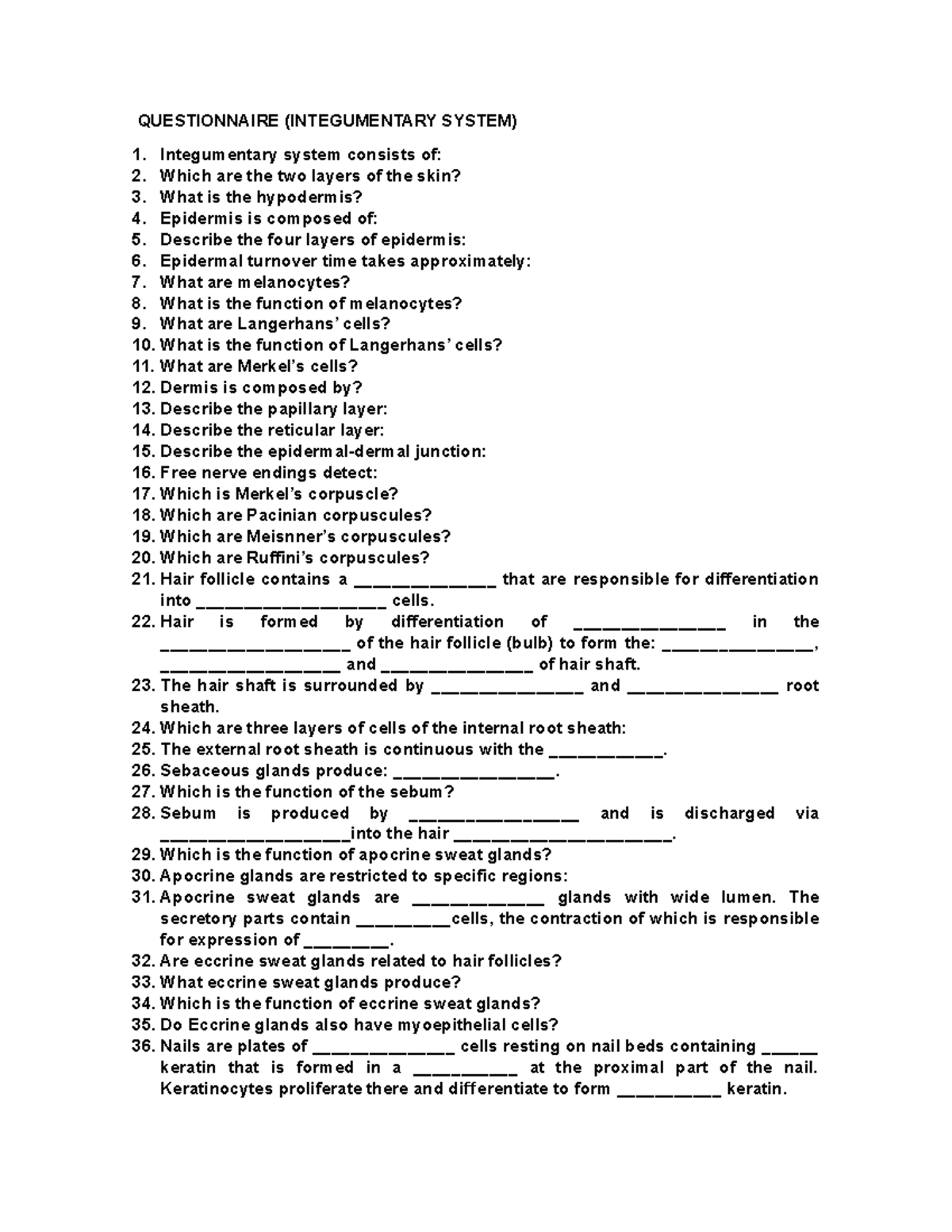 Questionnaire Integumentary System - QUESTIONNAIRE (INTEGUMENTARY ...