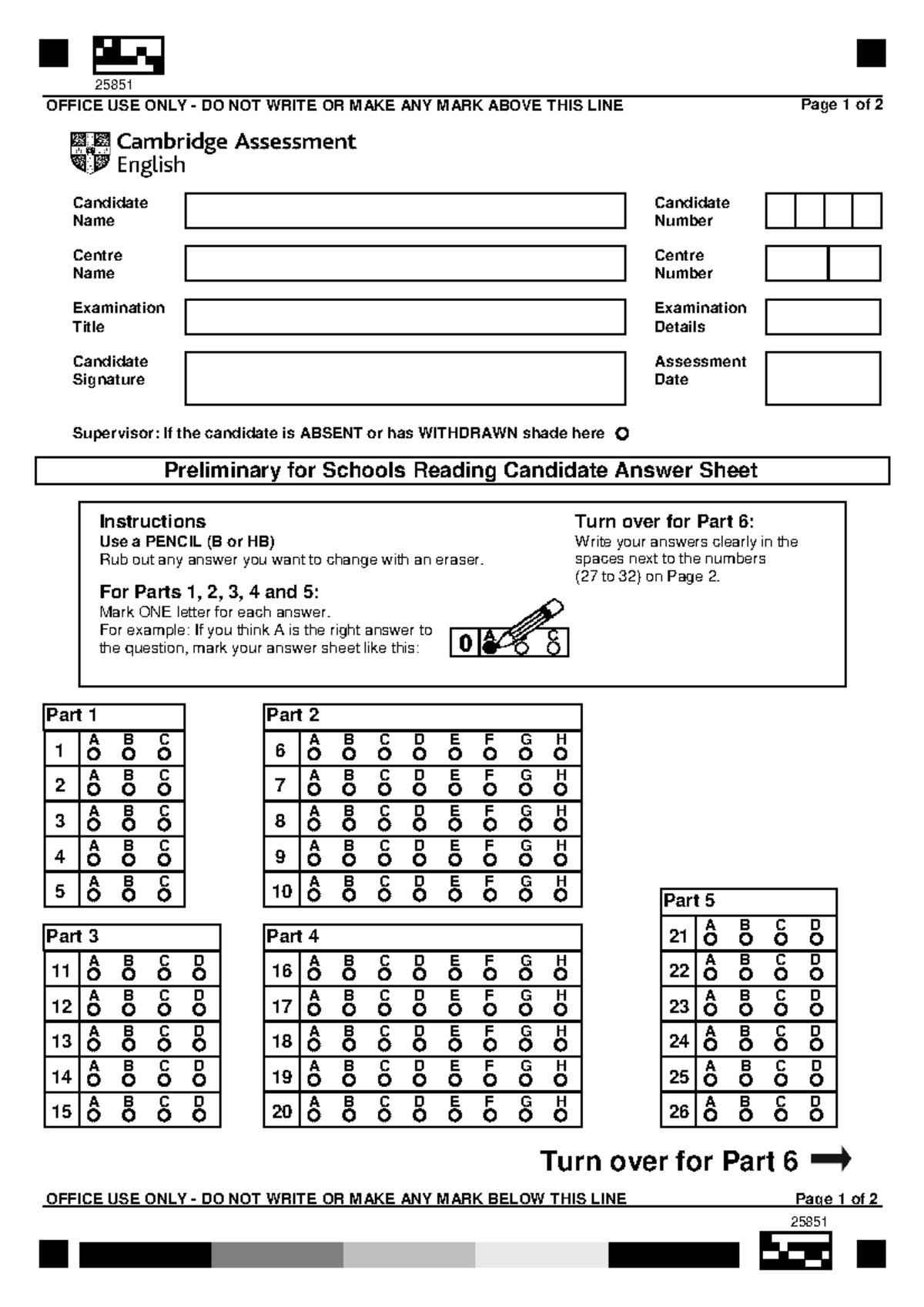 B1 Preliminary for Schools Answer sheet Reading - OFFICE USE ONLY - DO ...