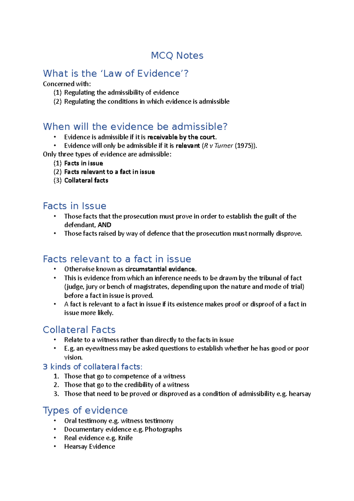 MCQ Notes - MCQ Notes What is the ‘Law of Evidence’? Concerned with: (1 ...