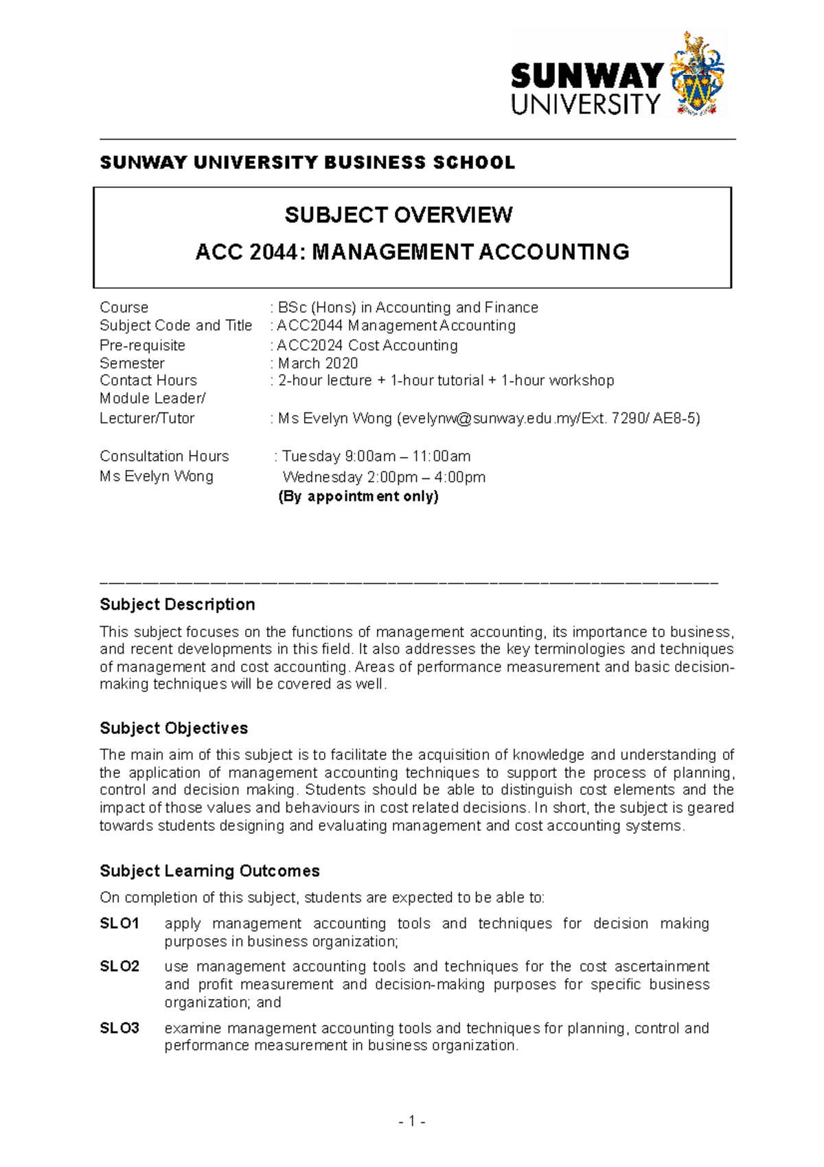 MA Subject Overview - SUNWAY UNIVERSITY BUSINESS SCHOOL _ SUBJECT ...