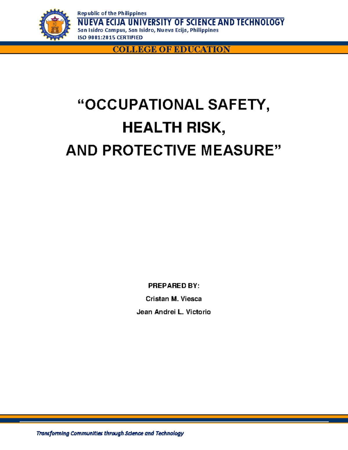 Written- Report- Occupational Safetey- Health RISK- Preventive Measures ...