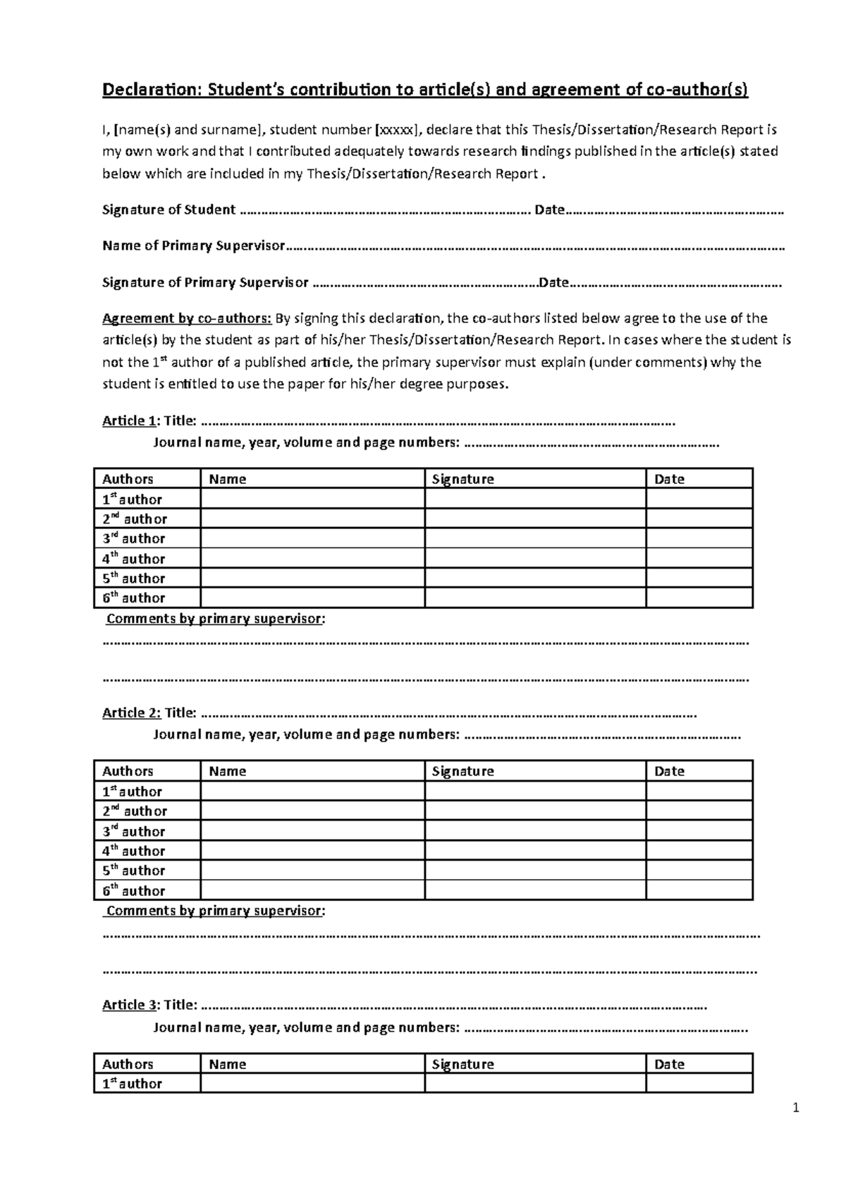 Declaration by Student and Co-authors Agreement for Published Papers ...