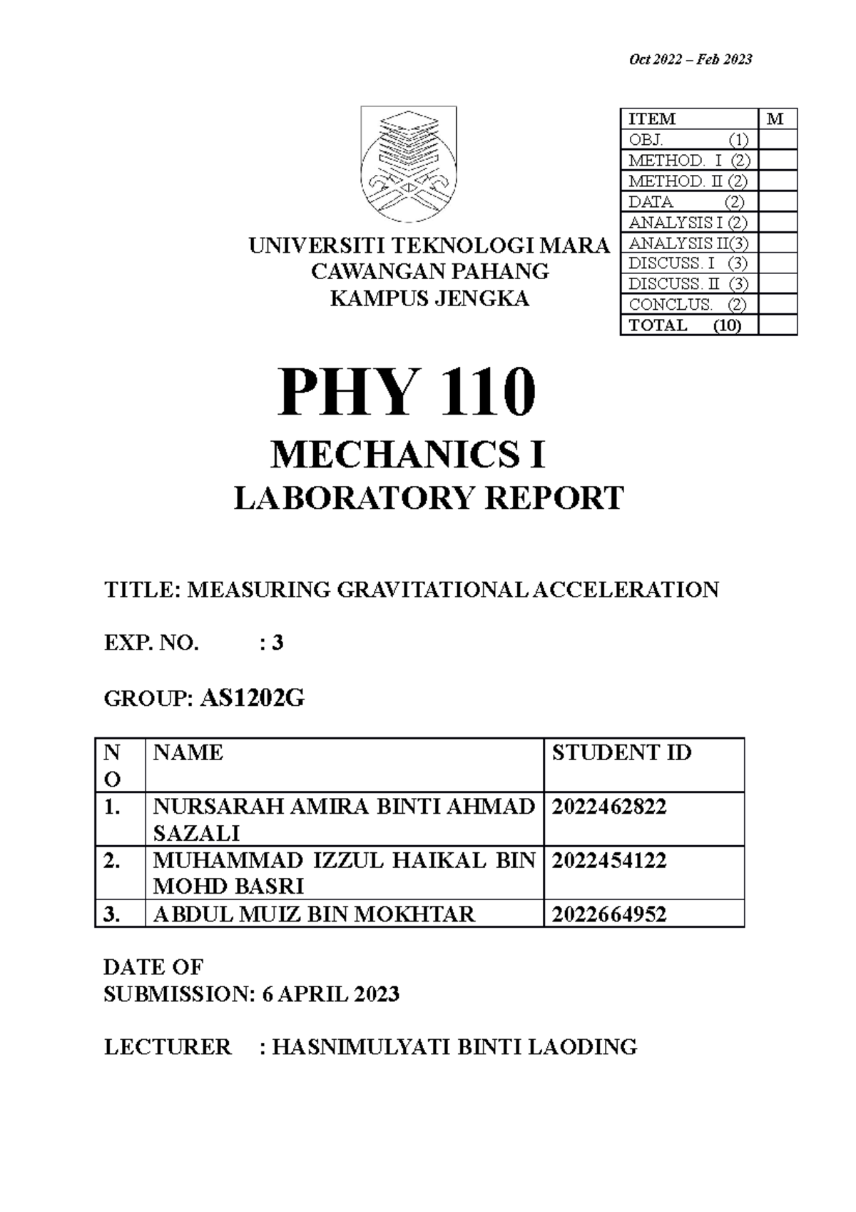 Lab report exp 2 PHY110 - UNIVERSITI TEKNOLOGI MARA CAWANGAN PAHANG KAMPUS JENGKA PHY 110 ...