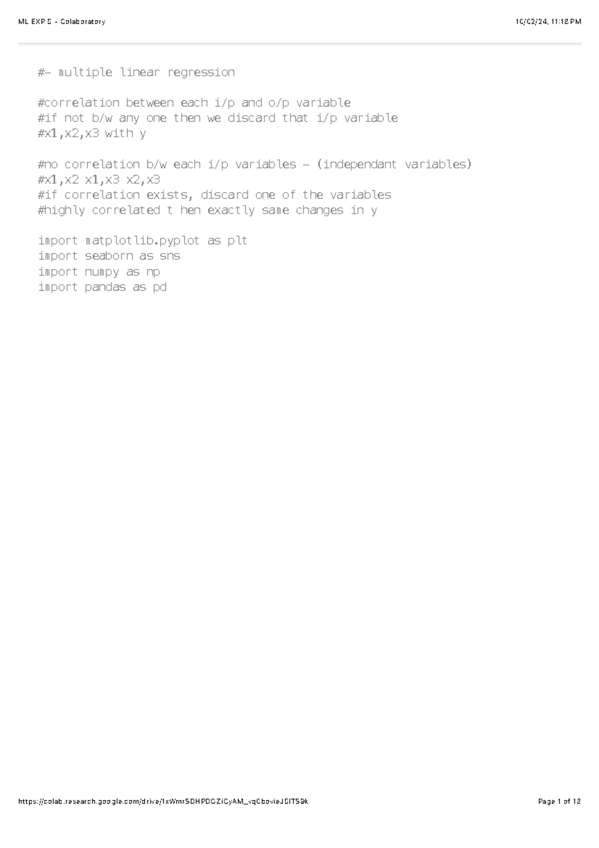 ML EXP 5 - Colaboratory - #-#- multiplemultiple linearlinear regressionregression #correlation ...