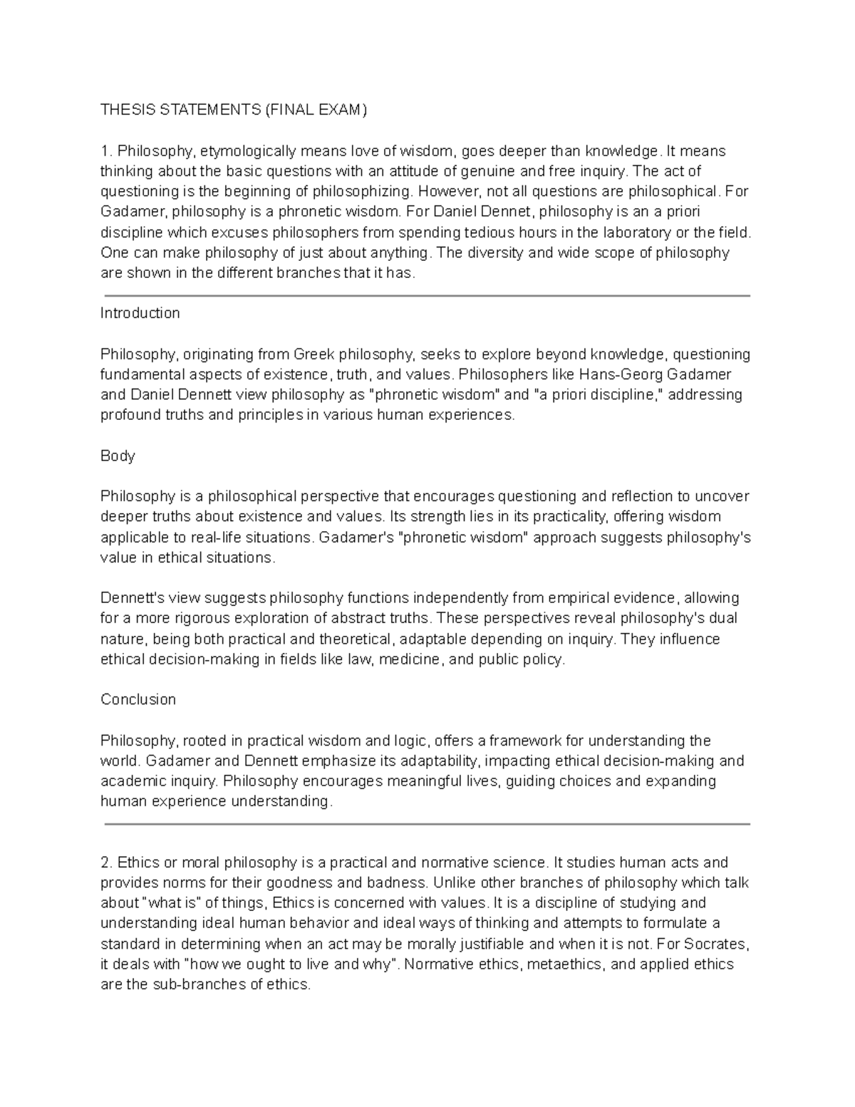 Ethics 20thesis 20statements - THESIS STATEMENTS (FINAL EXAM ...