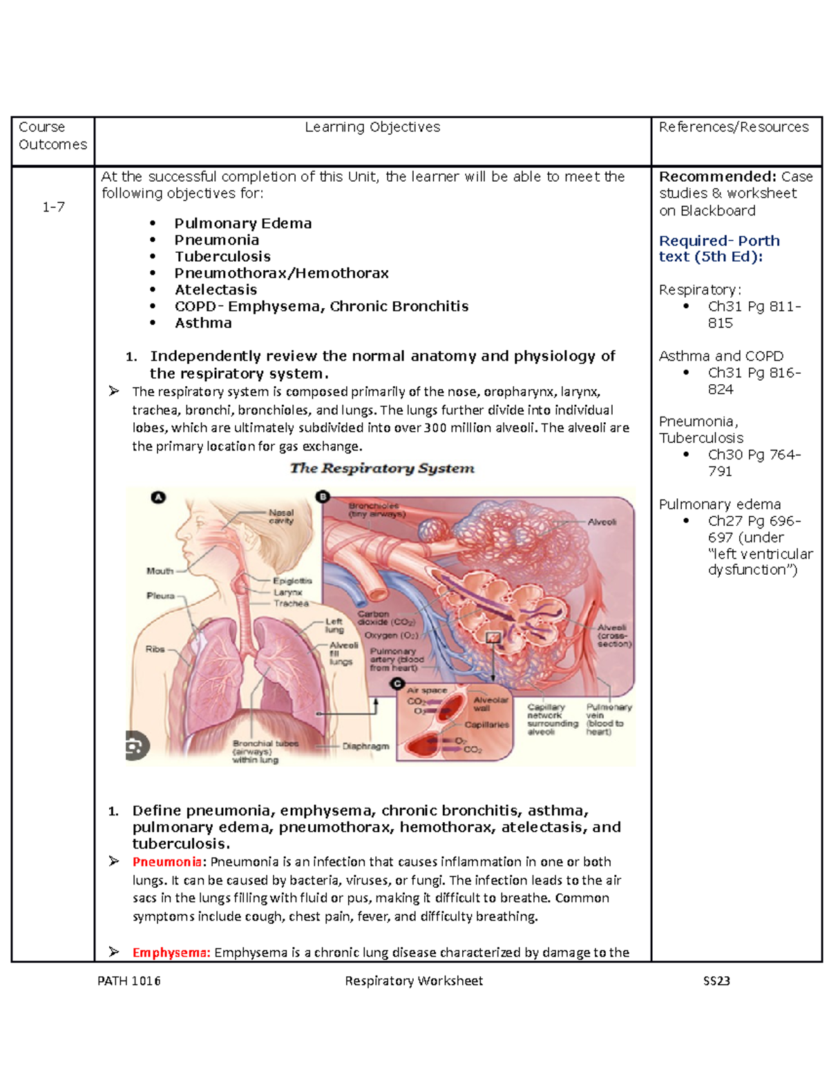 Respiratory Worksheet - PATH 1016 - George Brown College - Studocu