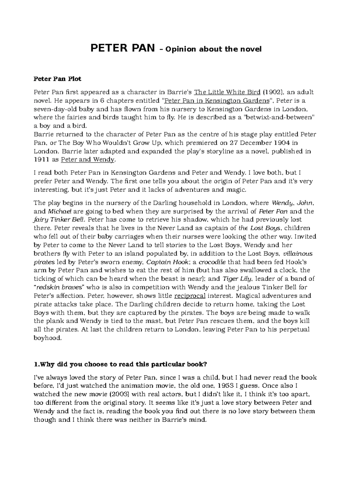 Peter Pan opinion(english) - PETER PAN – Opinion about the novel Peter ...