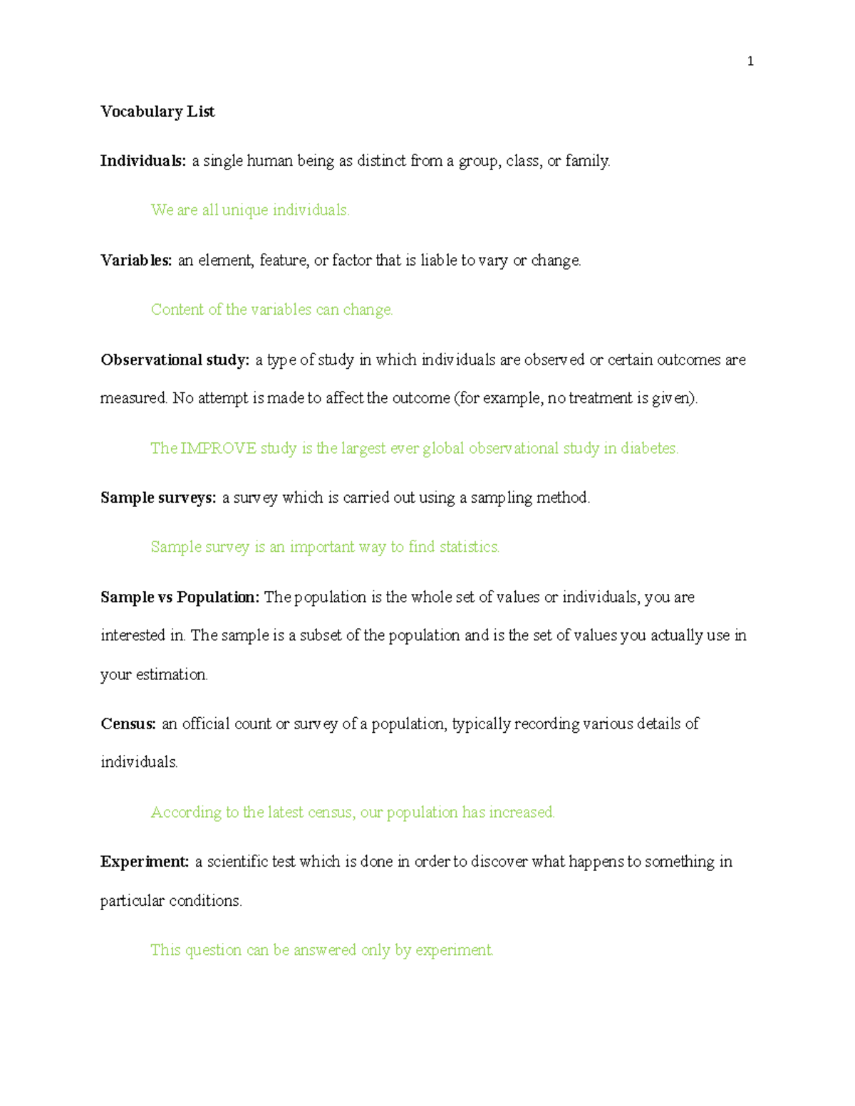 Vocabulary List - Lecture notes 1-15 - Introduction to Statistics and ...