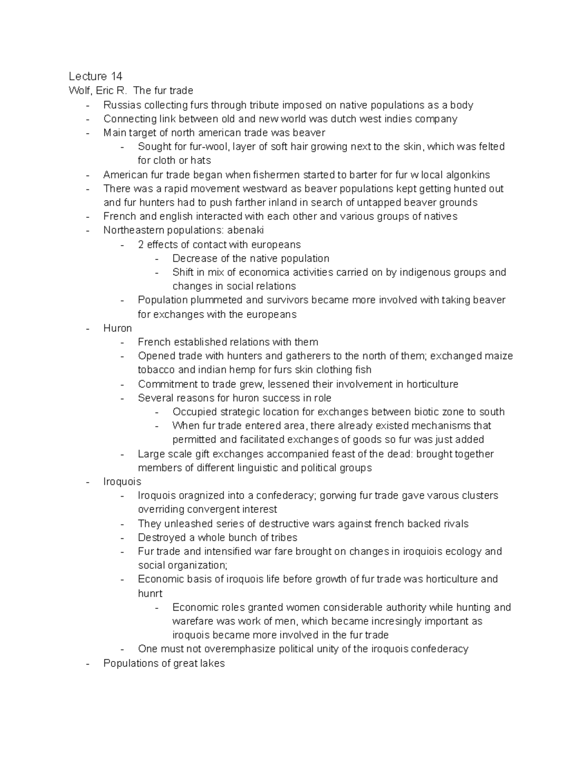 Reading notes from Lectures 14-20 - Lecture 14 Wolf, Eric R. The fur ...