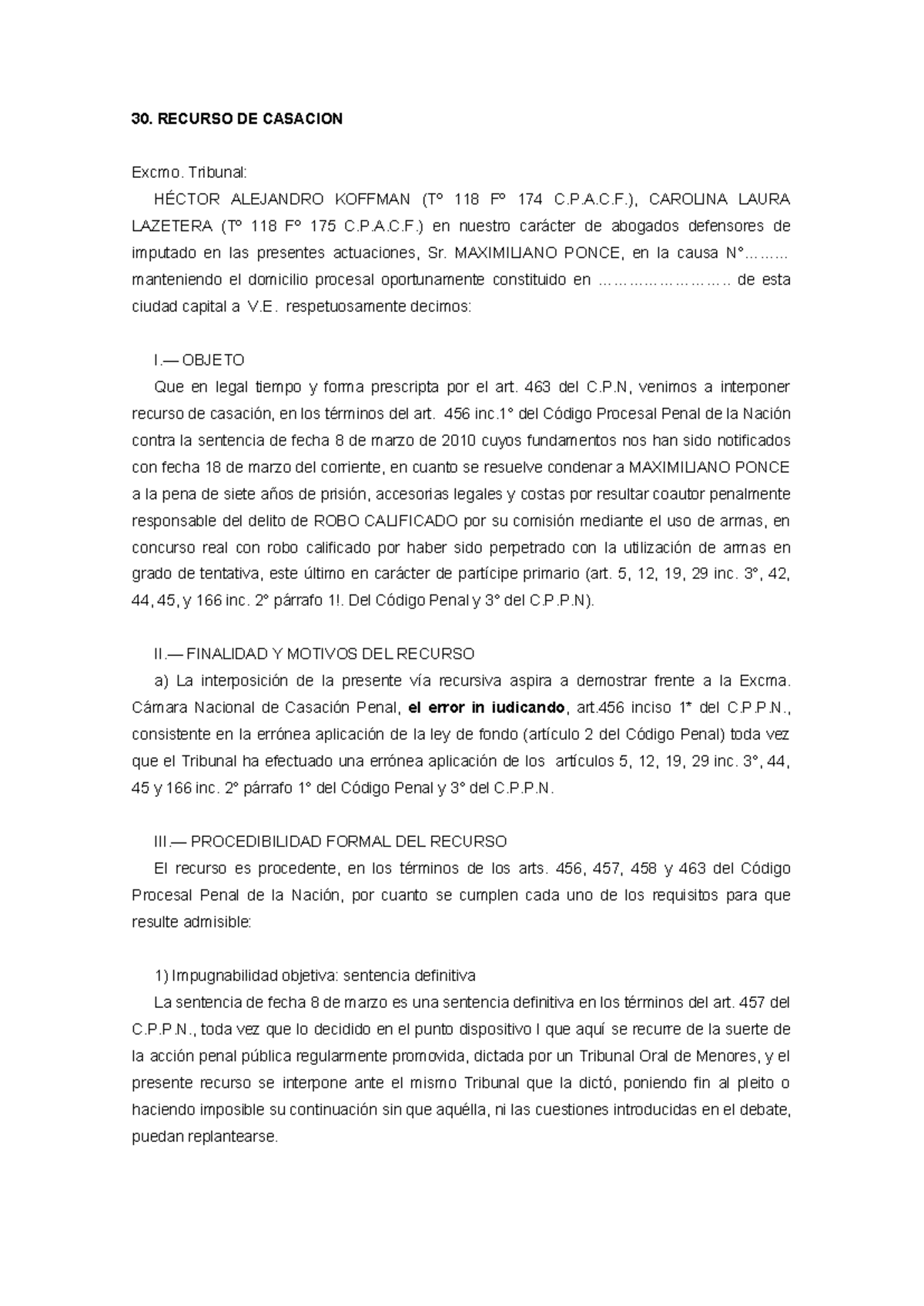 30. Recurso de casacion - 30. RECURSO DE CASACION Excmo. Tribunal ...