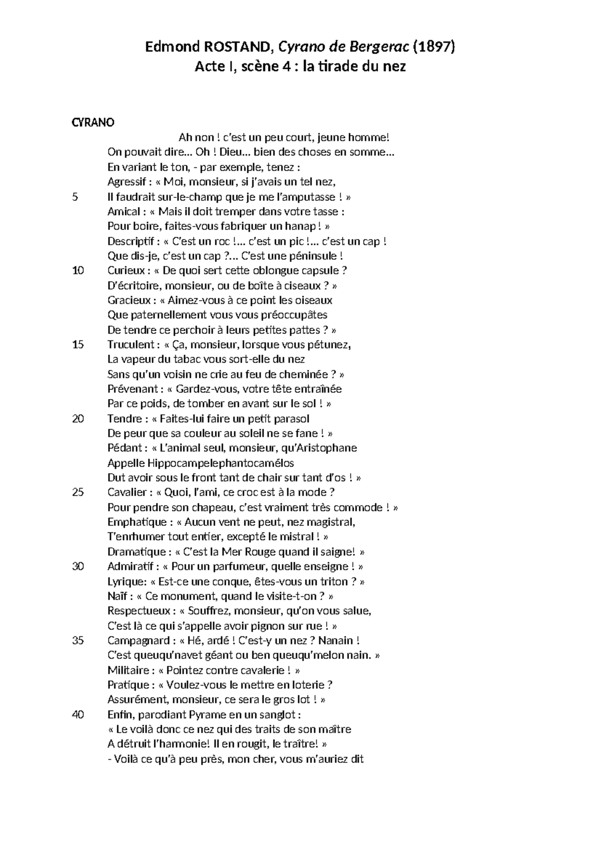 Texte ll1 - Edmond ROSTAND, Cyrano de Bergerac (1897) Acte I, scène 4 : la tirade du nez CYRANO ...