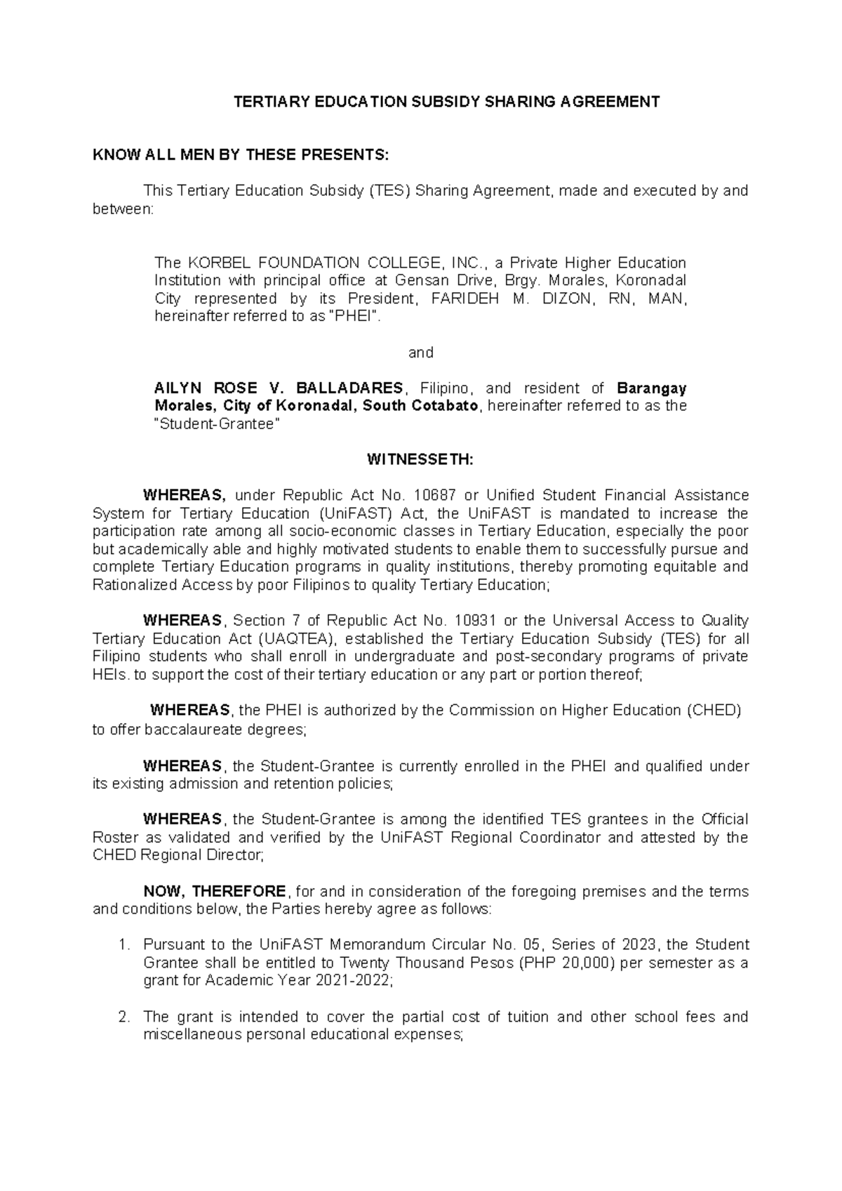 TES-Sharing Agreement-under-batch-10-A - TERTIARY EDUCATION SUBSIDY ...
