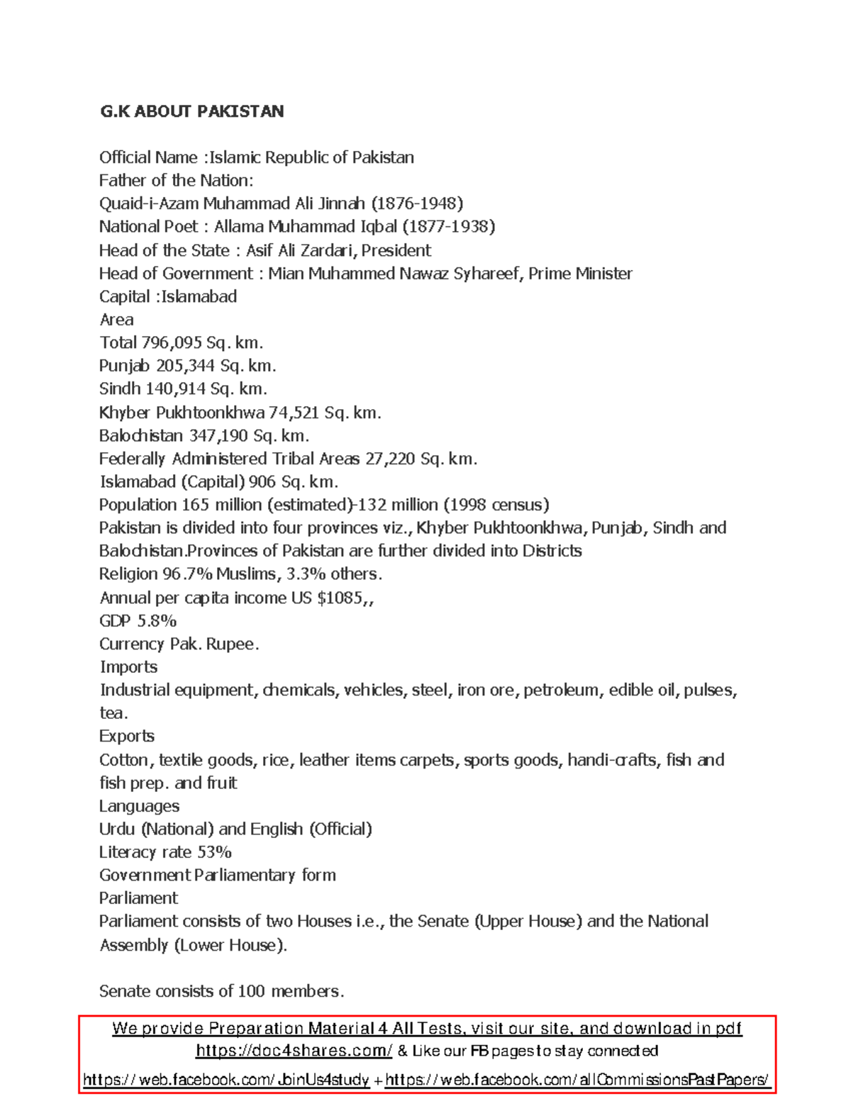 G.K About Pakistan - n/A - G ABOUT PAKISTAN Official Name :Islamic ...