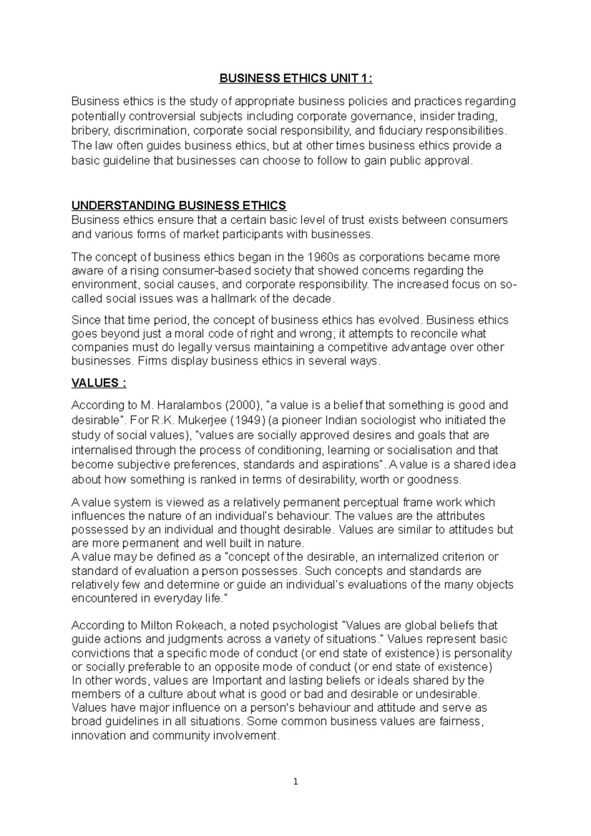 Business ethic unit 1 - BUSINESS ETHICS UNIT 1: Business ethics is the ...