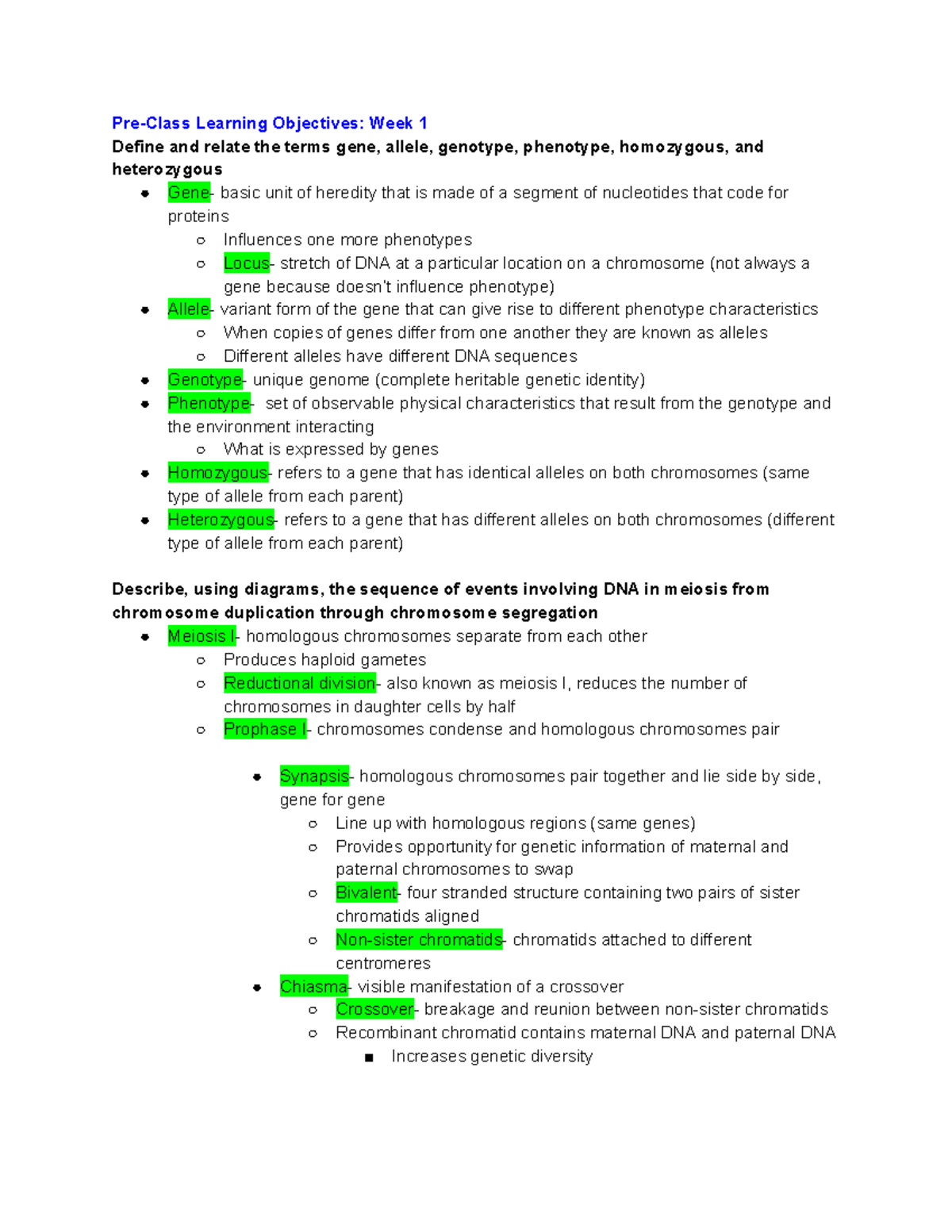 LS7B Week 1 Lecture Notews - Pre-Class Learning Objectives: Week 1 Define and relate the terms ...