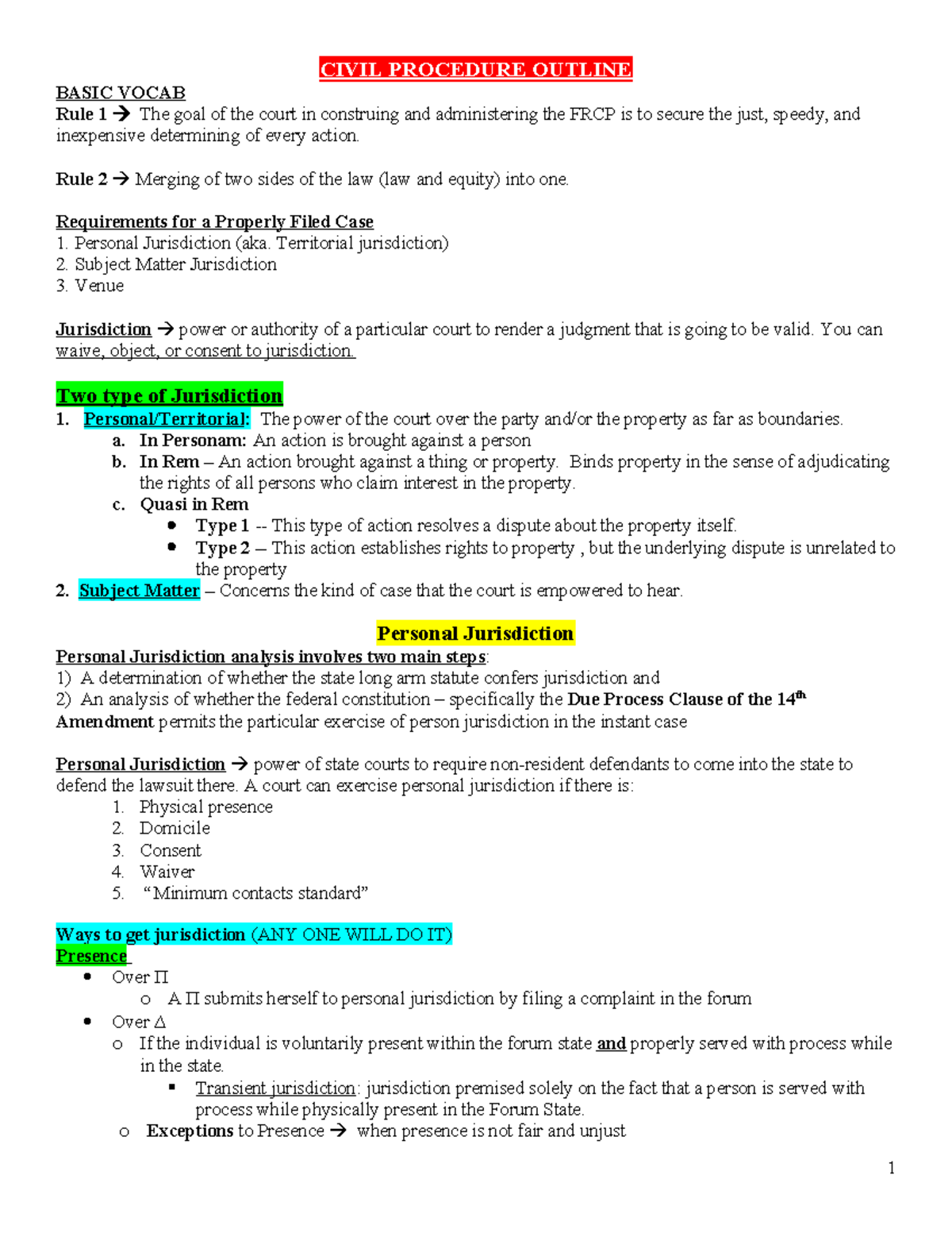 Civil procedure stuff - CIVIL PROCEDURE OUTLINE BASIC VOCAB Rule 1 The ...