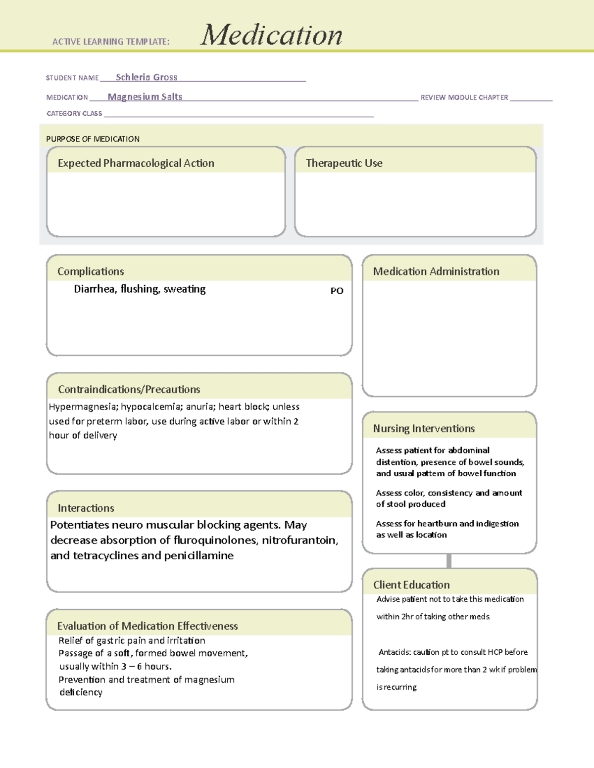 Magnesium Salts Medication Template - STUDENT NAME Schleria Gross
