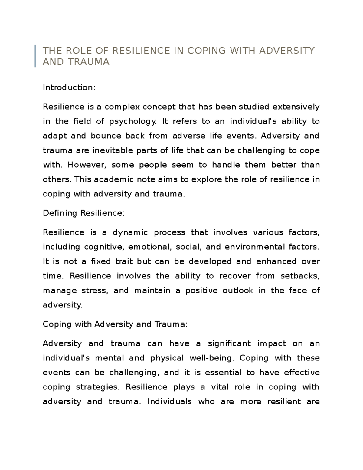 The Role of Resilience in Coping with Adversity and Trauma - THE ROLE ...