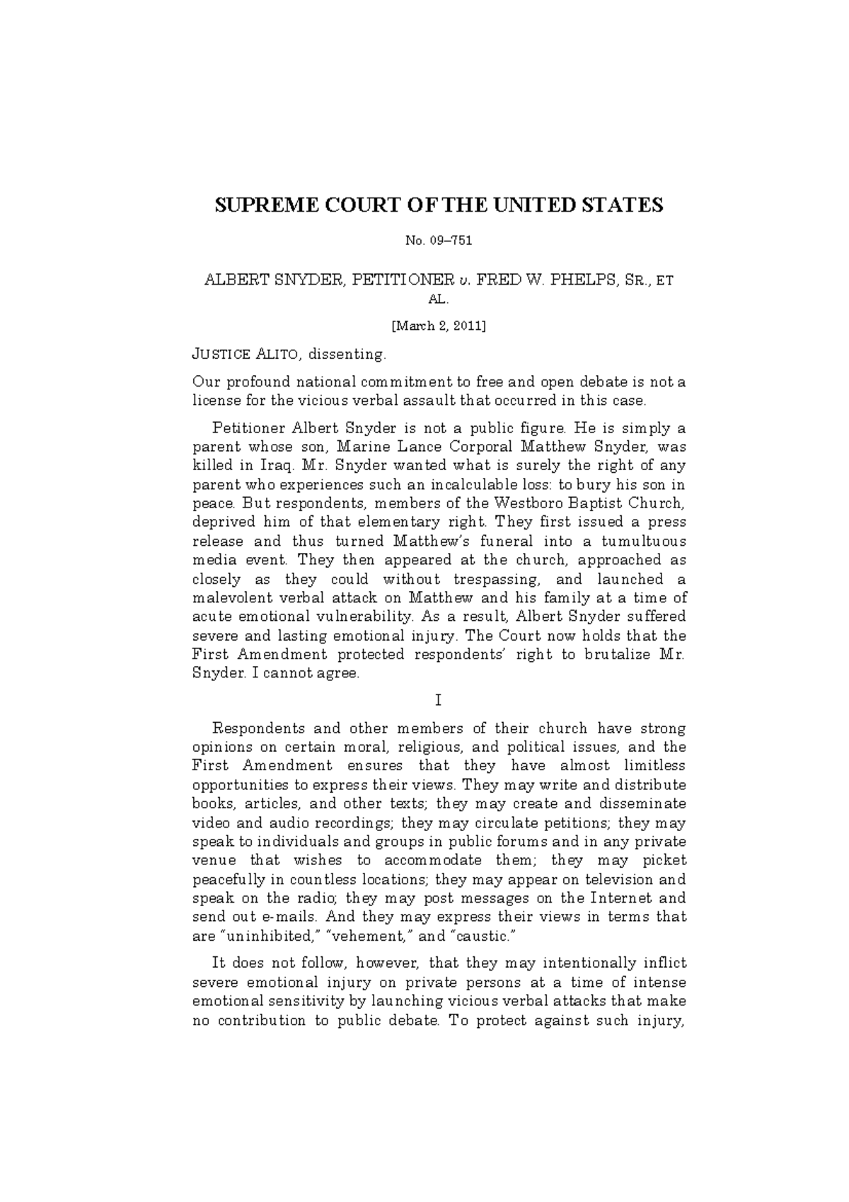 Snyder v. Phelps - SUPREME COURT OF THE UNITED STATES No. ALBERT SNYDER ...