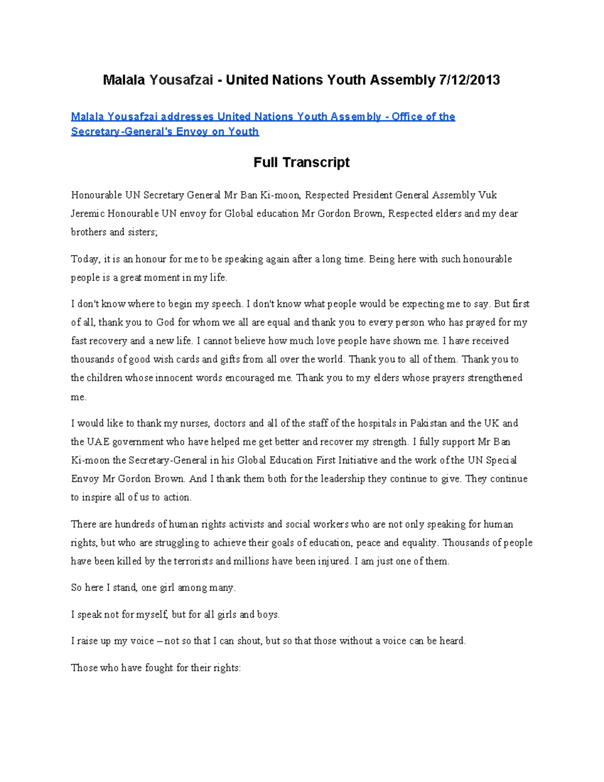 Malala Yousafzai - United Nations Youth Assembly 7 12 2013-1 - Malala ...