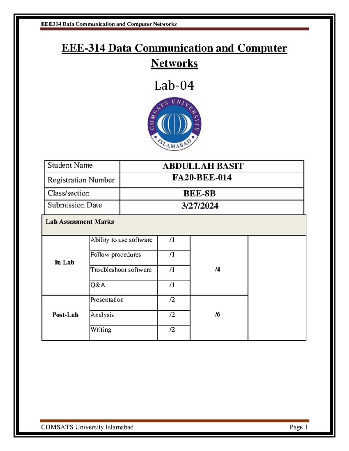 Lab-04- Abdullah Basit-FA20-BEE-014-DCCN - EEE- 314 Data Communication and Computer Networks Lab ...