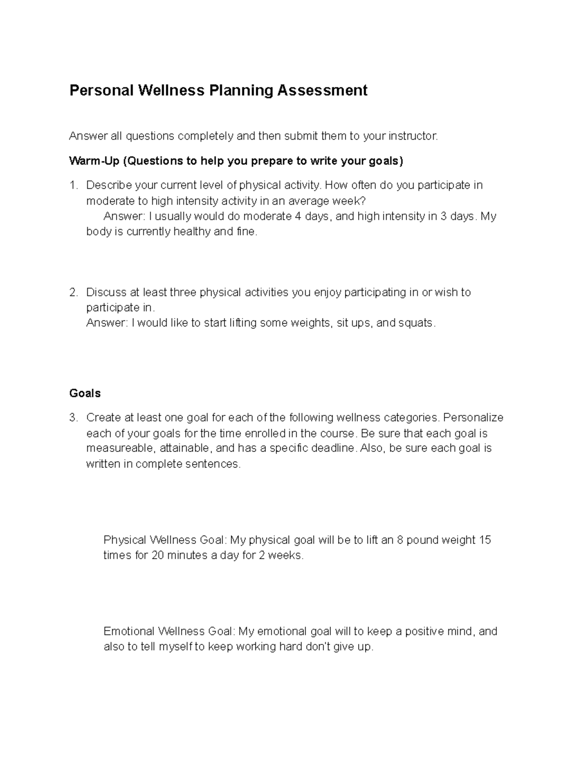 Wellness assessment - assignment after you have done working out ...