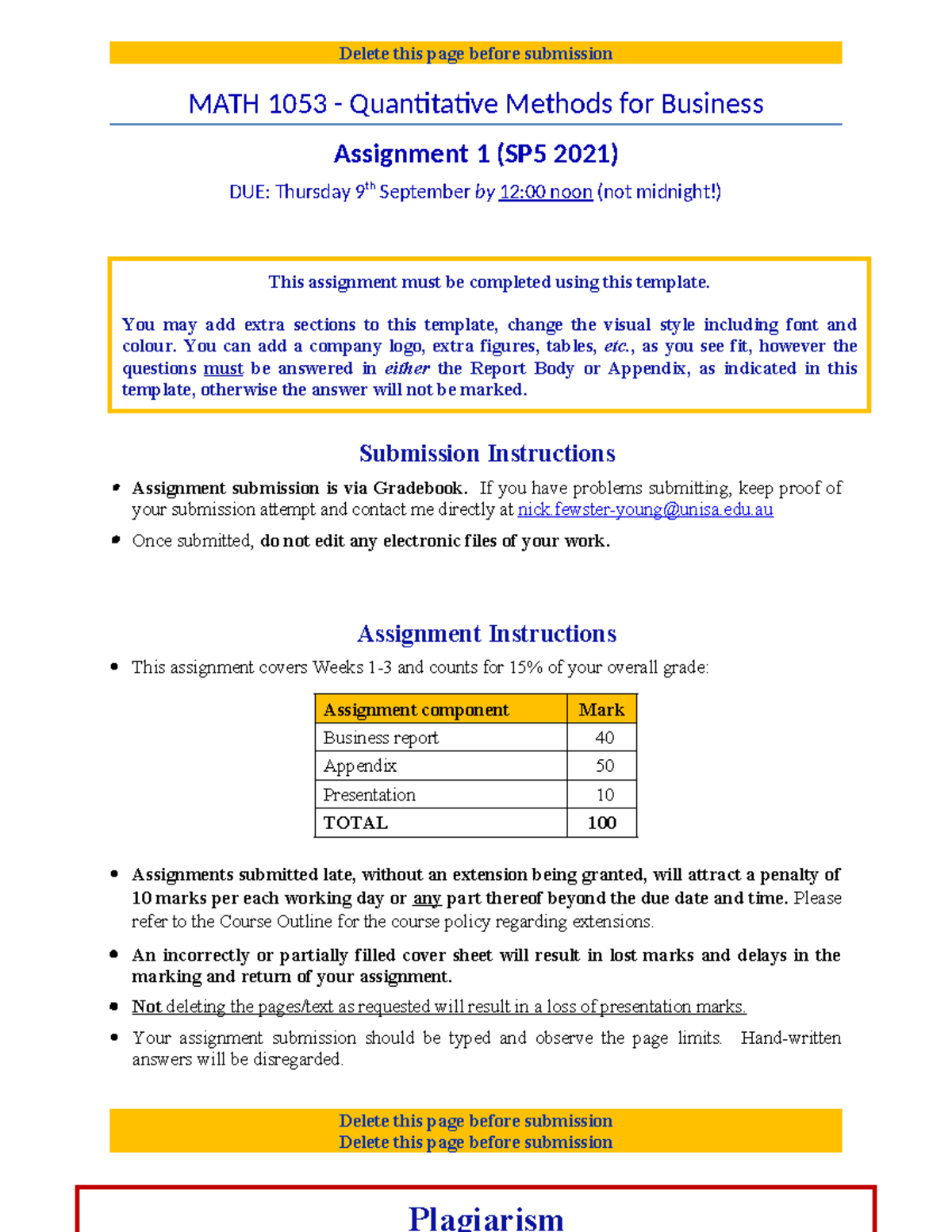 QMB MATH1053 Assignment 1 SP5 2021 - Delete this page before submission ...