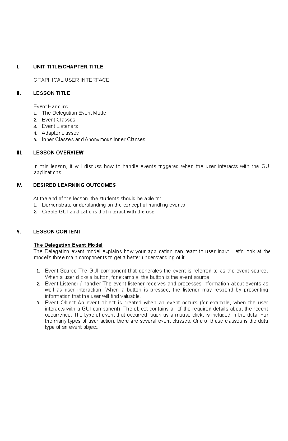 Event Handling - I. UNIT TITLE/CHAPTER TITLE GRAPHICAL USER INTERFACE ...