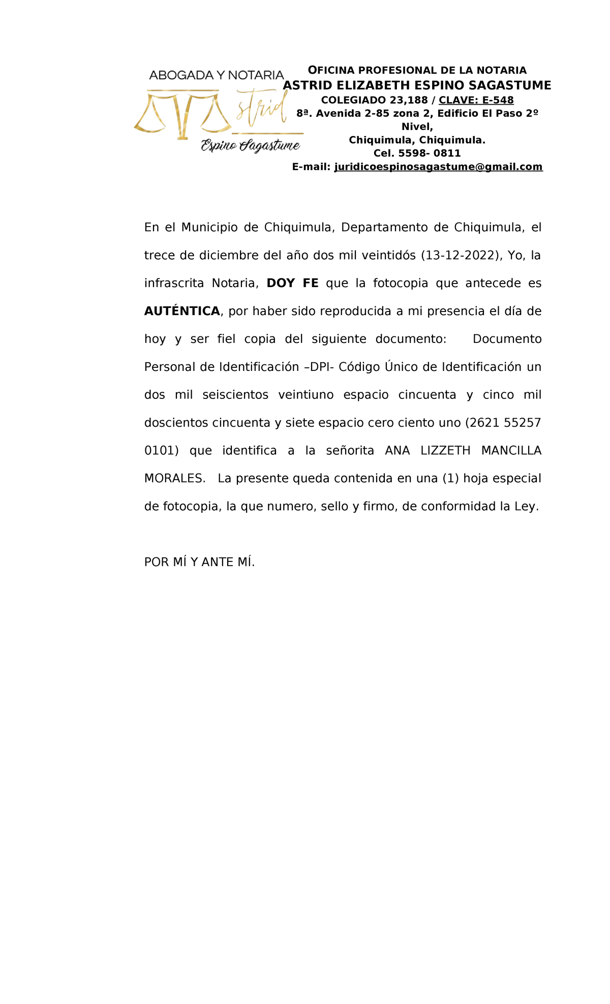 Autentica DPI Ana Lizzeth Mancilla Morales - OFICINA PROFESIONAL DE LA ...