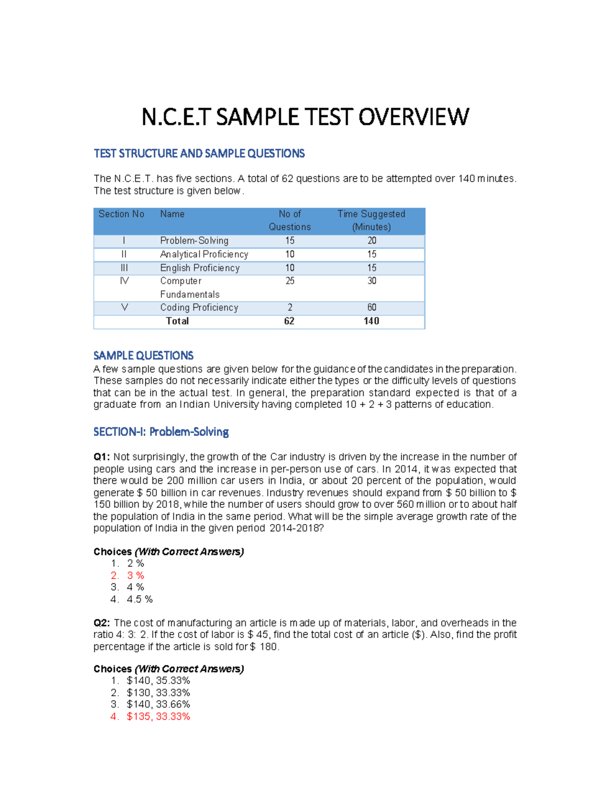 Sample test - N.C.E SAMPLE TEST OVERVIEW TEST STRUCTURE AND SAMPLE ...