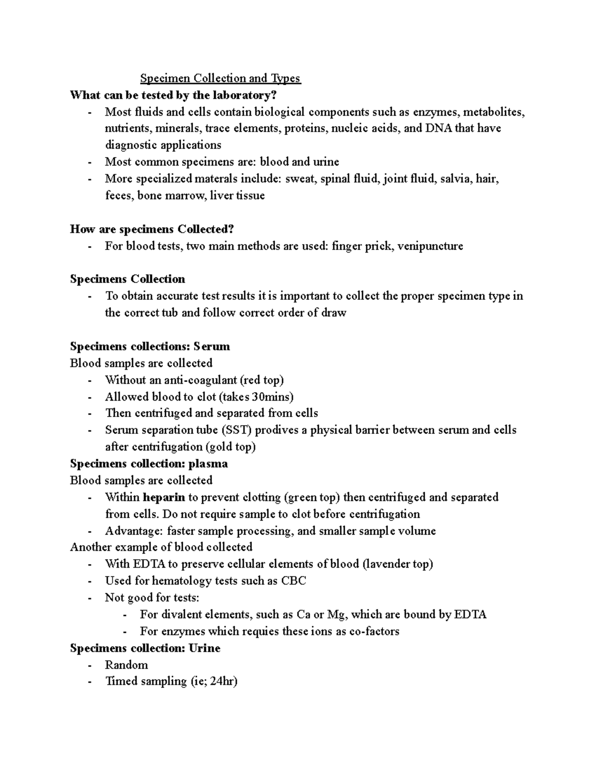 Part 2 intro to lab medicine- speciment collection and types - Specimen ...