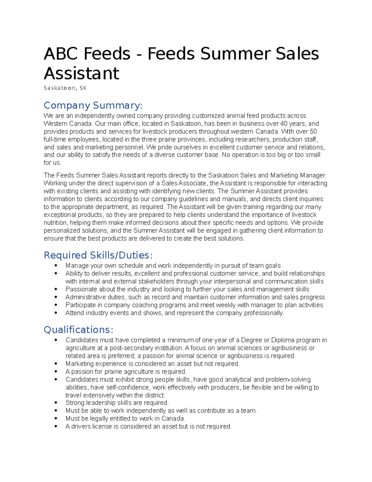 Assignment #1 Job Ad - Feeds Summer Sales Assistant - ABC Feeds - Feeds ...