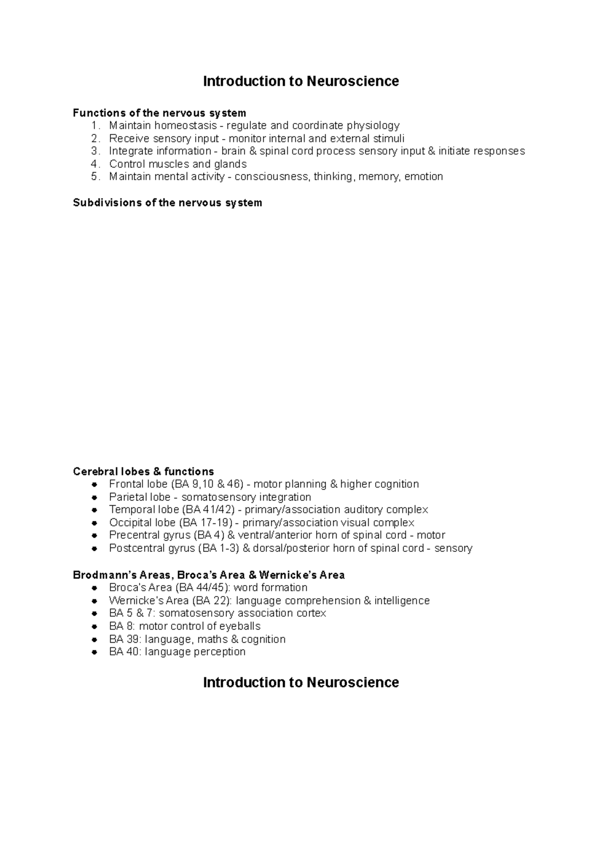 BMS255 - Notes Summary - Introduction to Neuroscience Functions of the ...