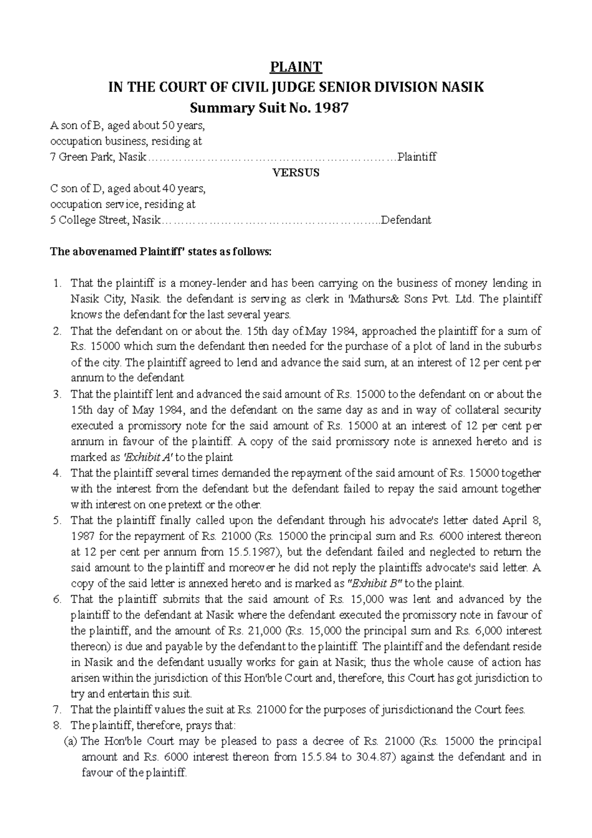 Plaint IN THE Court OF Civil Judge Senio - PLAINT IN THE COURT OF CIVIL ...