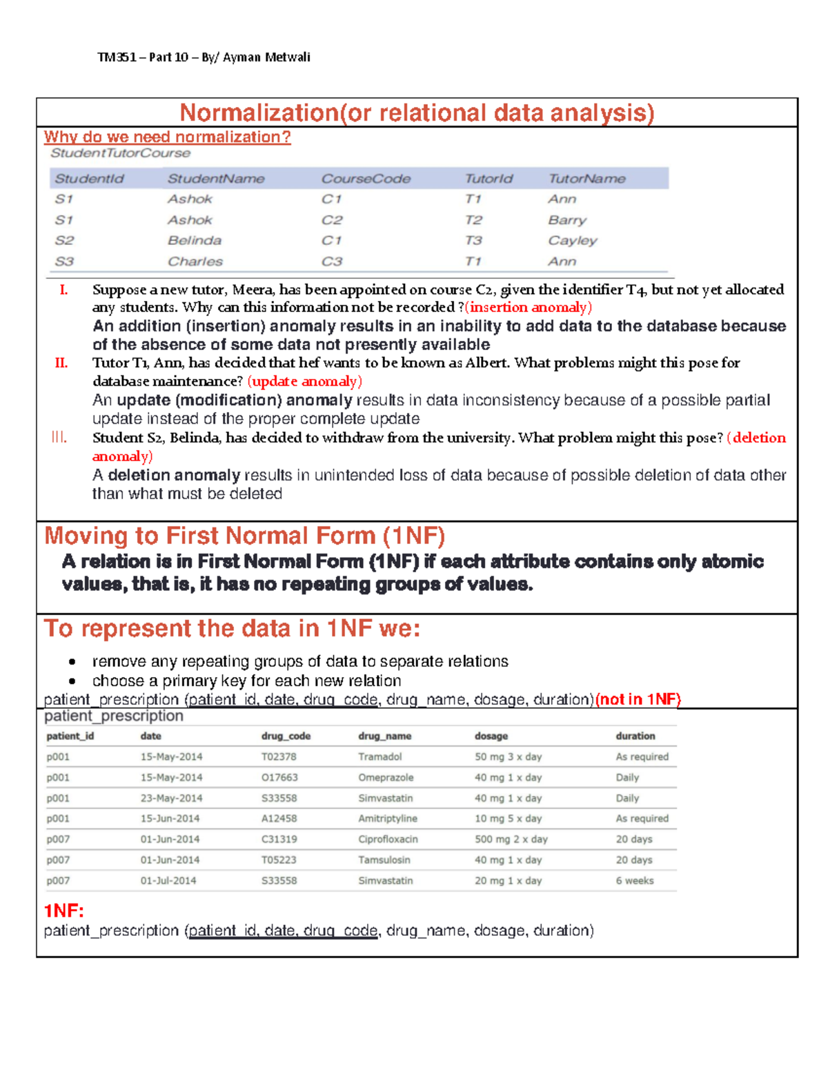 TM351 part 10 - Normalization(or relational data analysis) Why do we need normalization? I ...