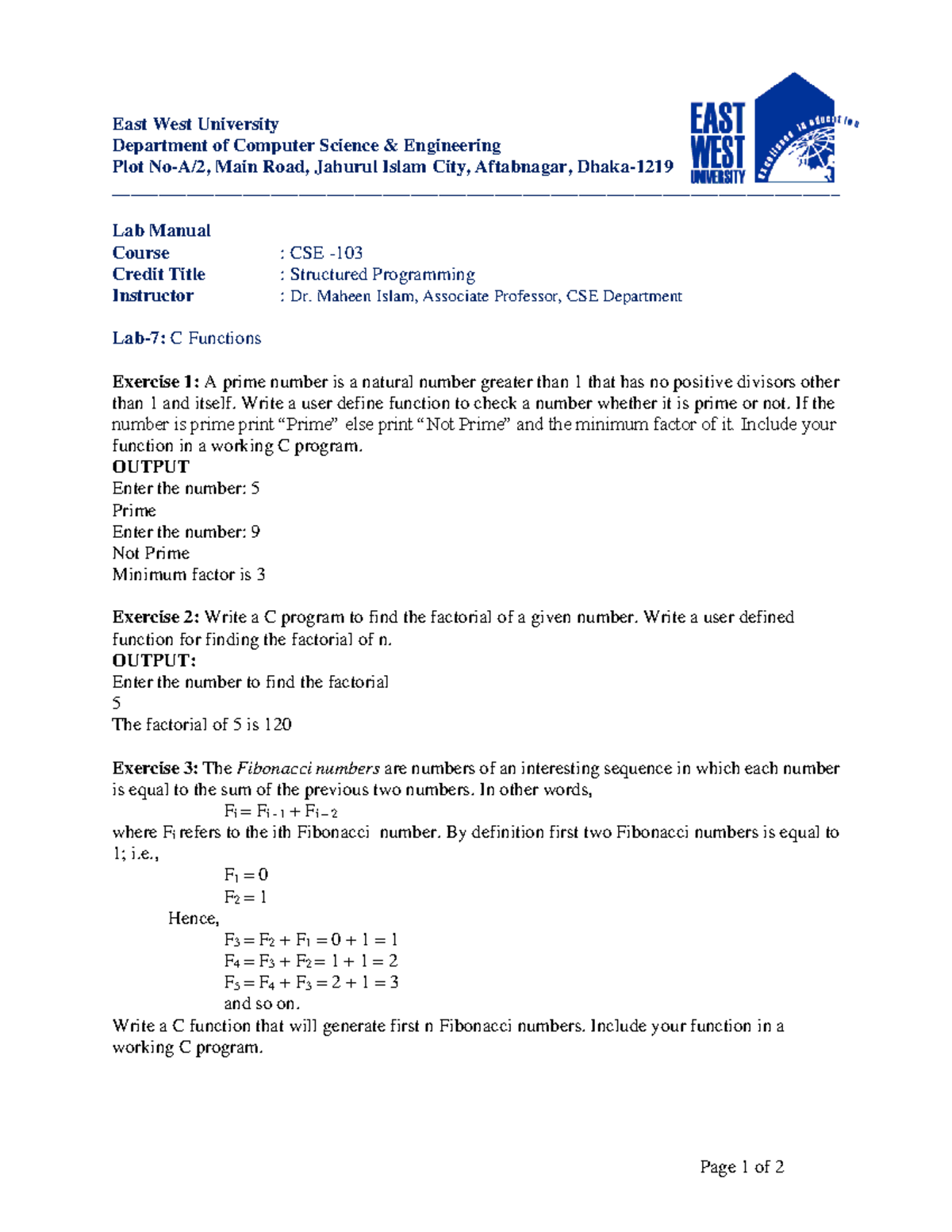 Cse103 Lab 7 Function Lab Material Page 1 Of 2 East West University Department Of Computer