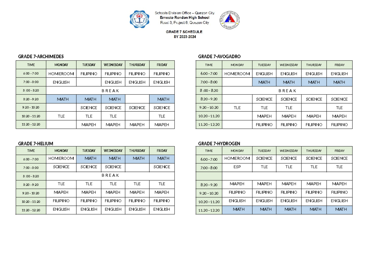 Schedule SY 2023-2024 Grade 7 - GRADE 7-ARCHIMEDES GRADE 7-AVOGADRO ...