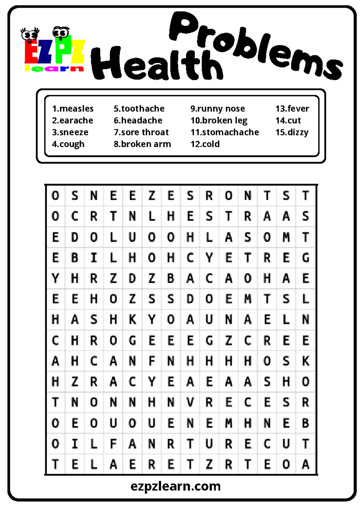 Health Propblems simple wordsearch - Education - ezpzlearn Health ...