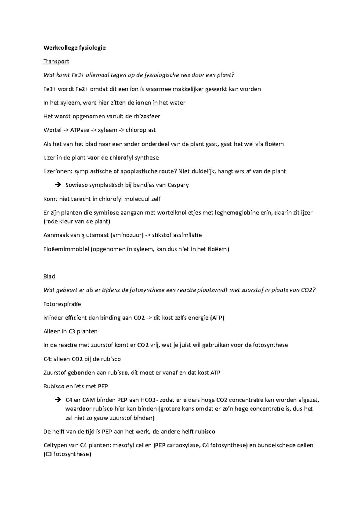 Samenvattend werkcollege - Werkcollege fysiologie Transport Wat komt ...