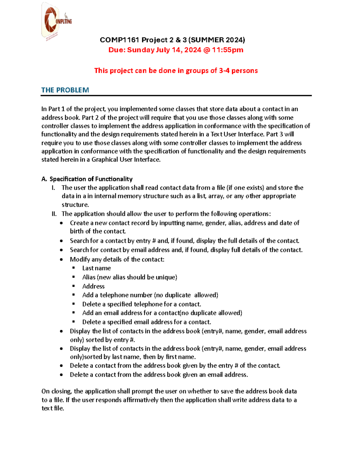 COMP1161 Project 2 3 - Notes - Due: Sunday July 14 , 202 4 @ 11:55pm ...