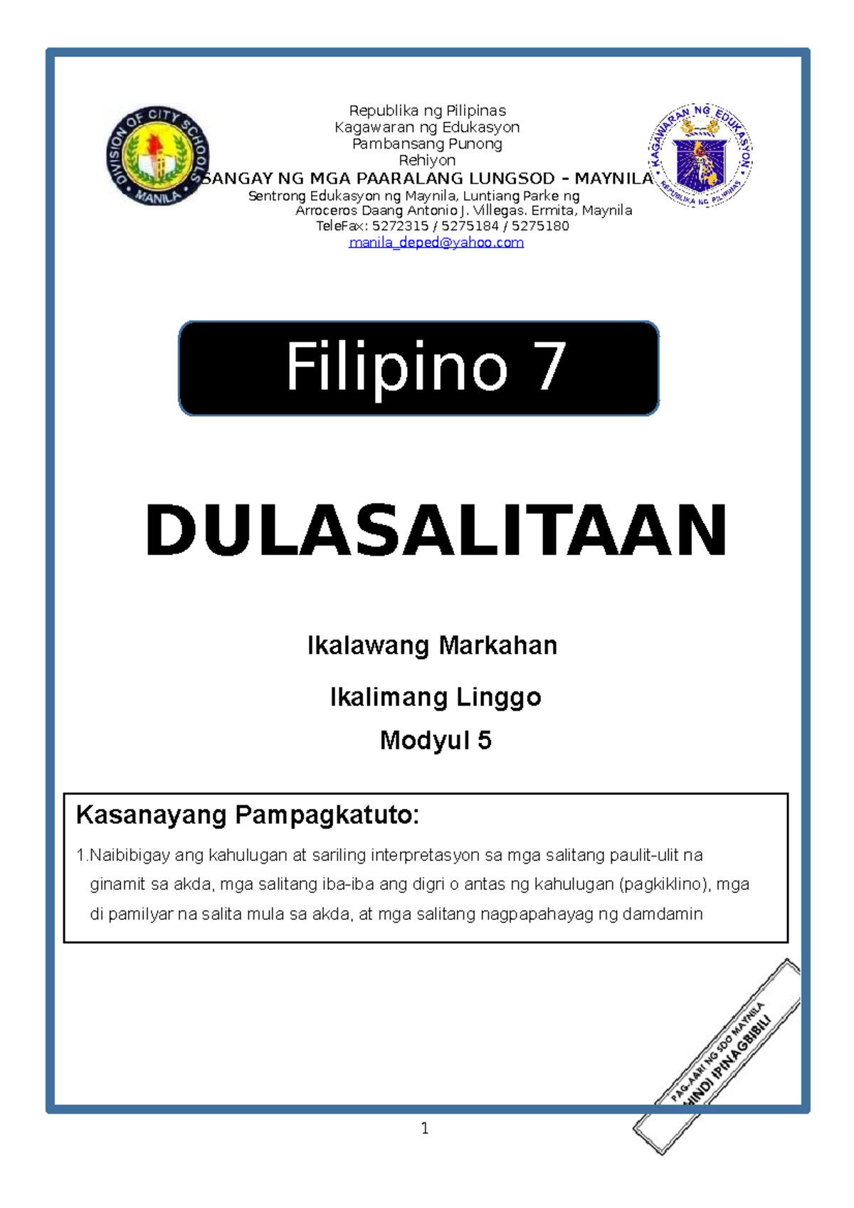 Filipino-7 Q2 Mod5 - none - ####### 1 Republika ng Pilipinas Kagawaran ...