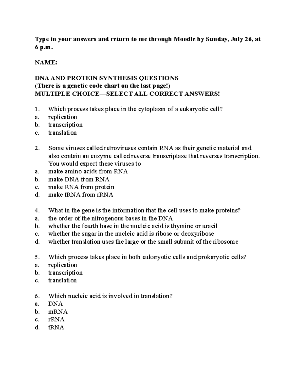 DNAProtein Synthesis Questions - Type in your answers and return to me ...