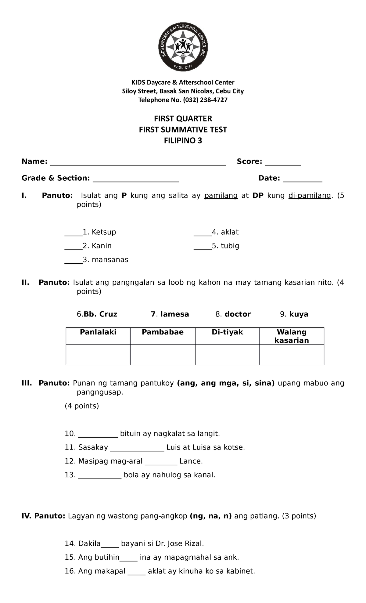 Filipino 3 First Quarter, Second Summative Test - KIDS Daycare ...