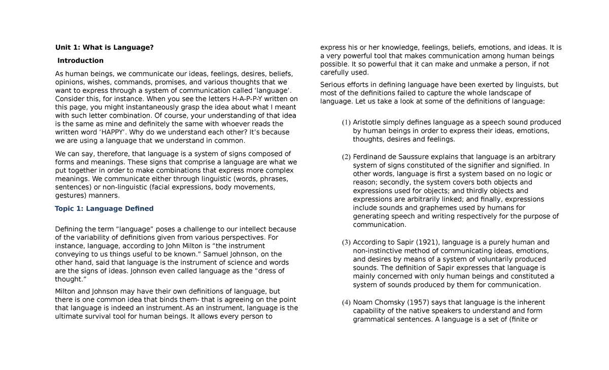 Intro TO Linguistics Reviewer - Unit 1: What is Language? Introduction ...