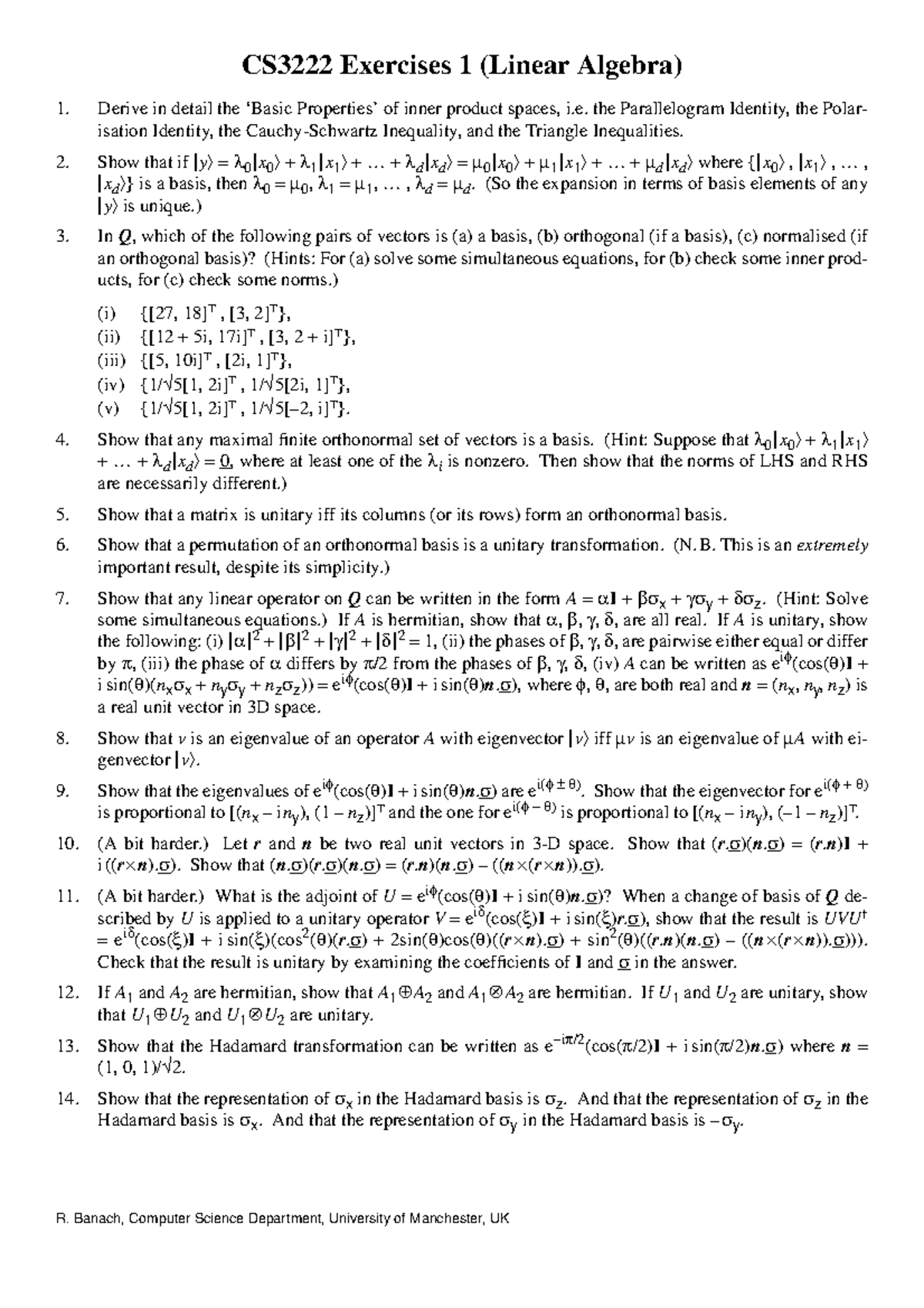 Quantum Computing Exercises Cs3222 Exercises 1 Linear Algebra Derive In Detail The ‘basic